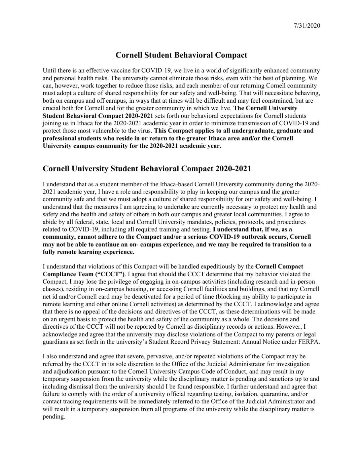Cornell releases Student Behavioral Compact for 2020–2021, includes ...