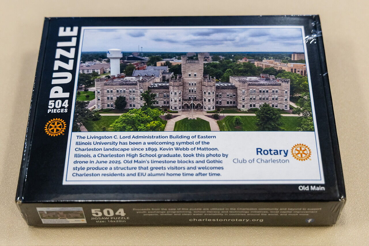 Aerial photo of EIU, Old Main featured on Rotary jigsaw puzzle