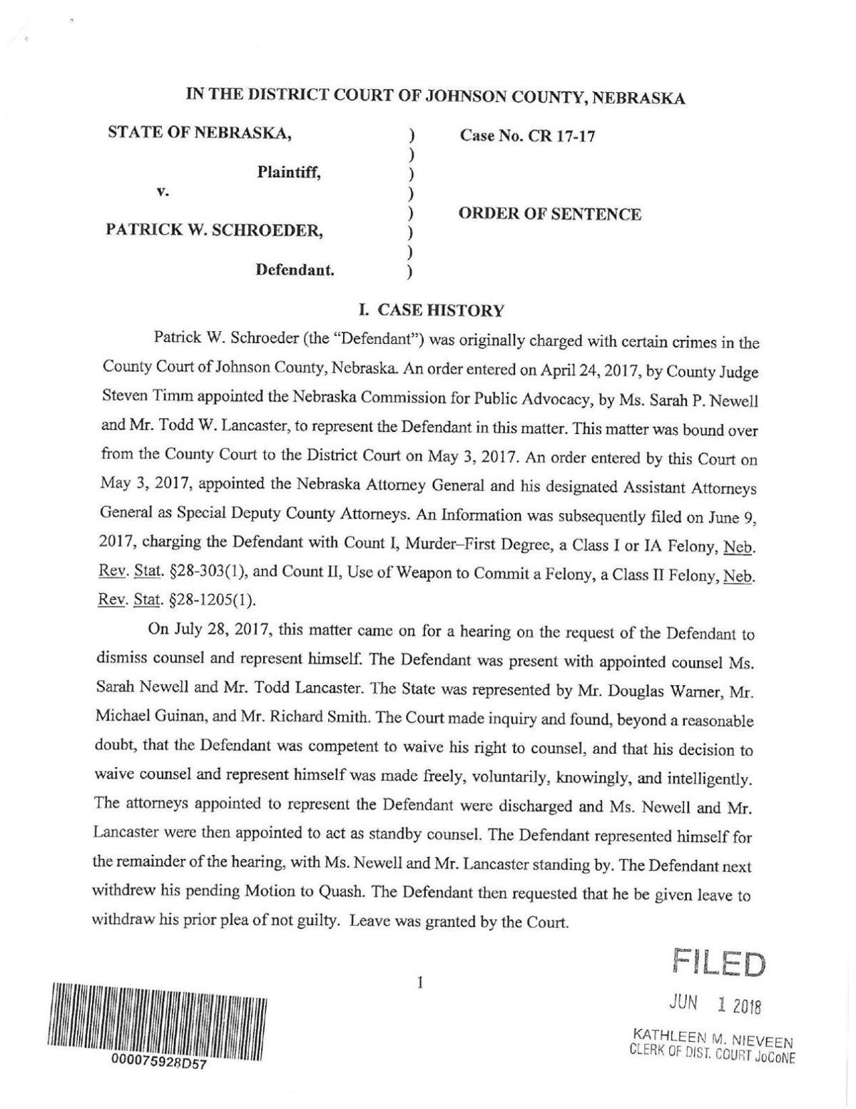 Patrick Schroeder sentencing order