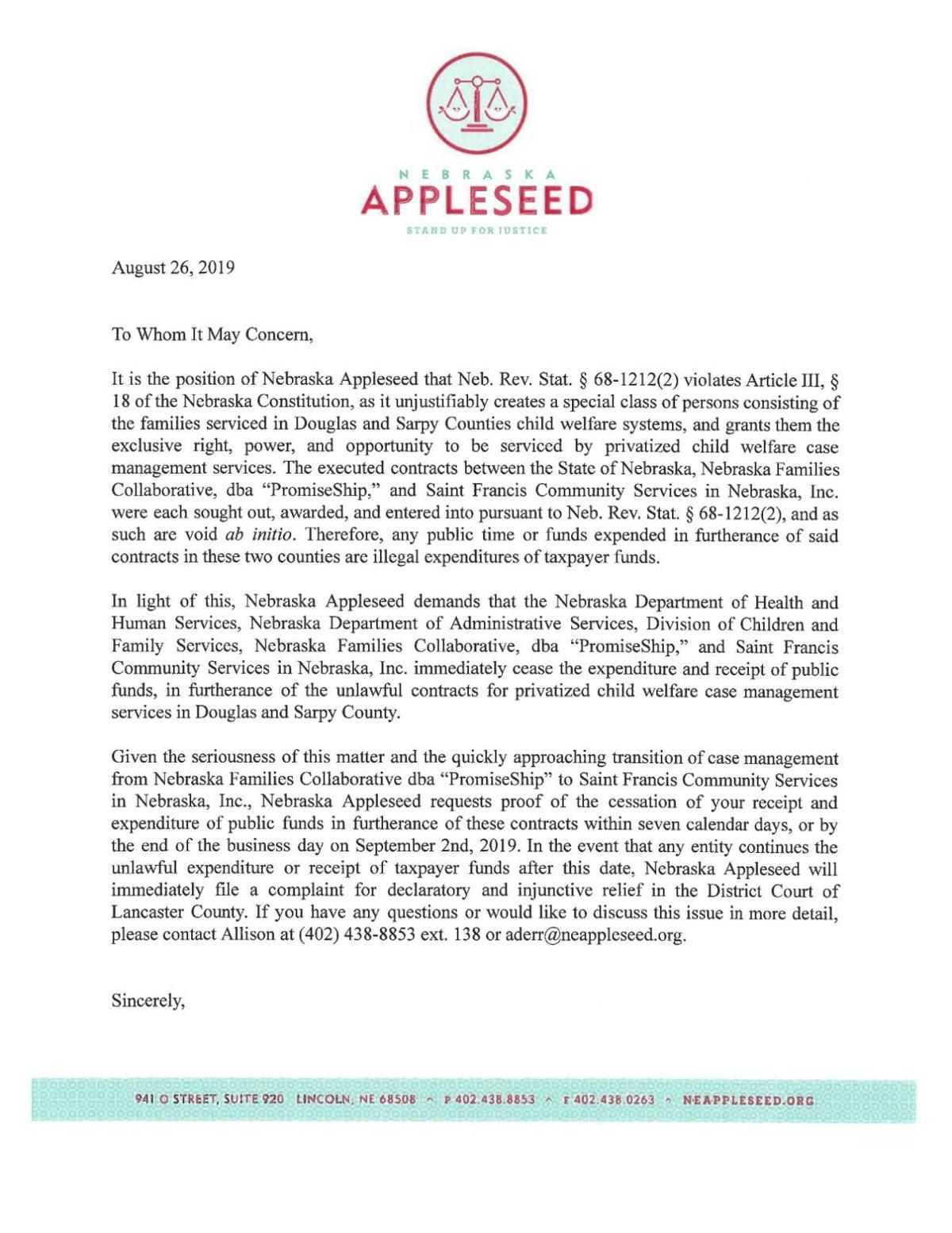 Nebraska Appleseed demand letter on child welfare