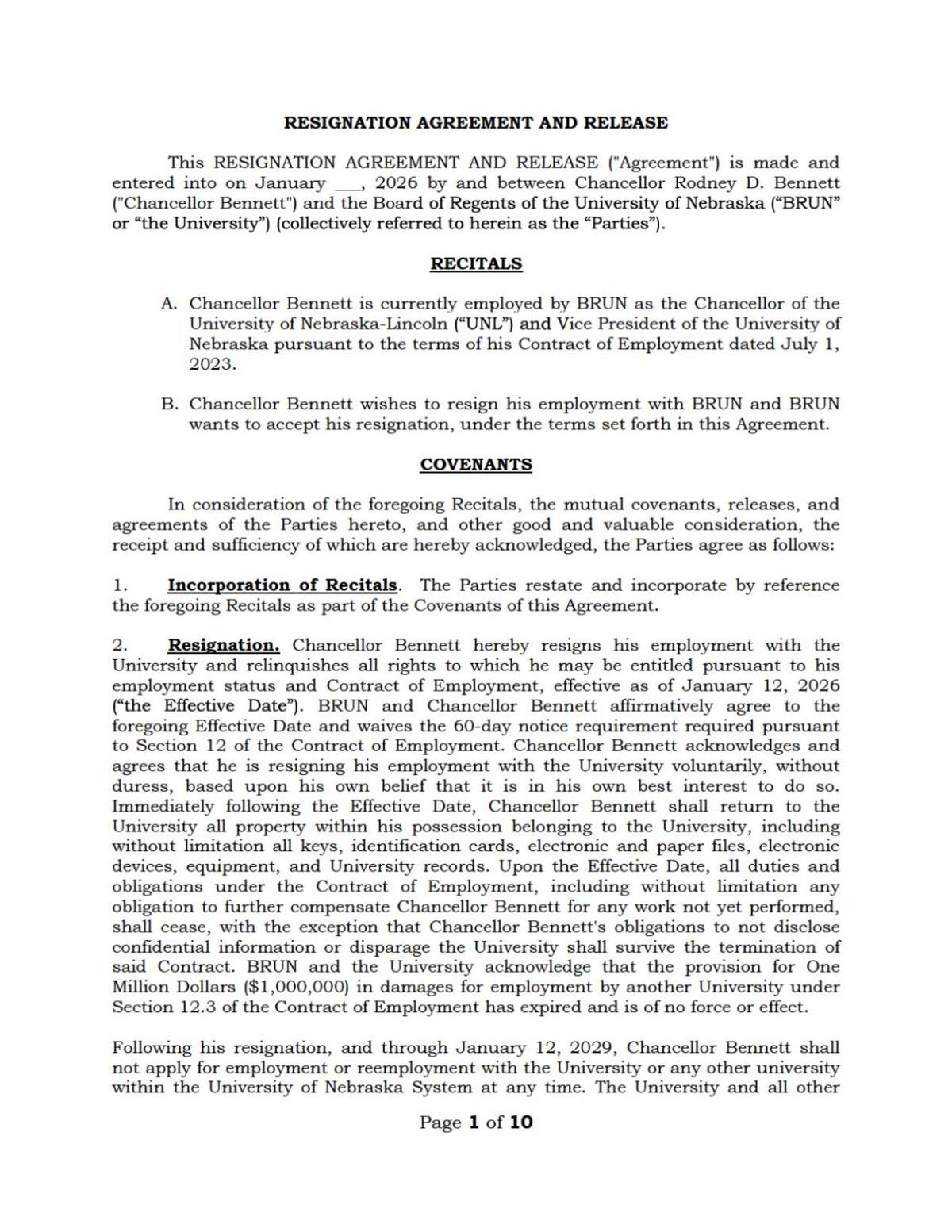 Read UNL Chancellor Rodney Bennett's resignation agreement
