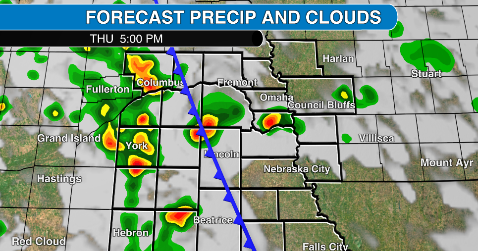 Cold front, showers, & storms in southeast Nebraska Thursday