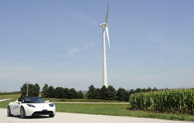 Tesla roadster cruises into Lincoln to recharge at LES wind turbine site