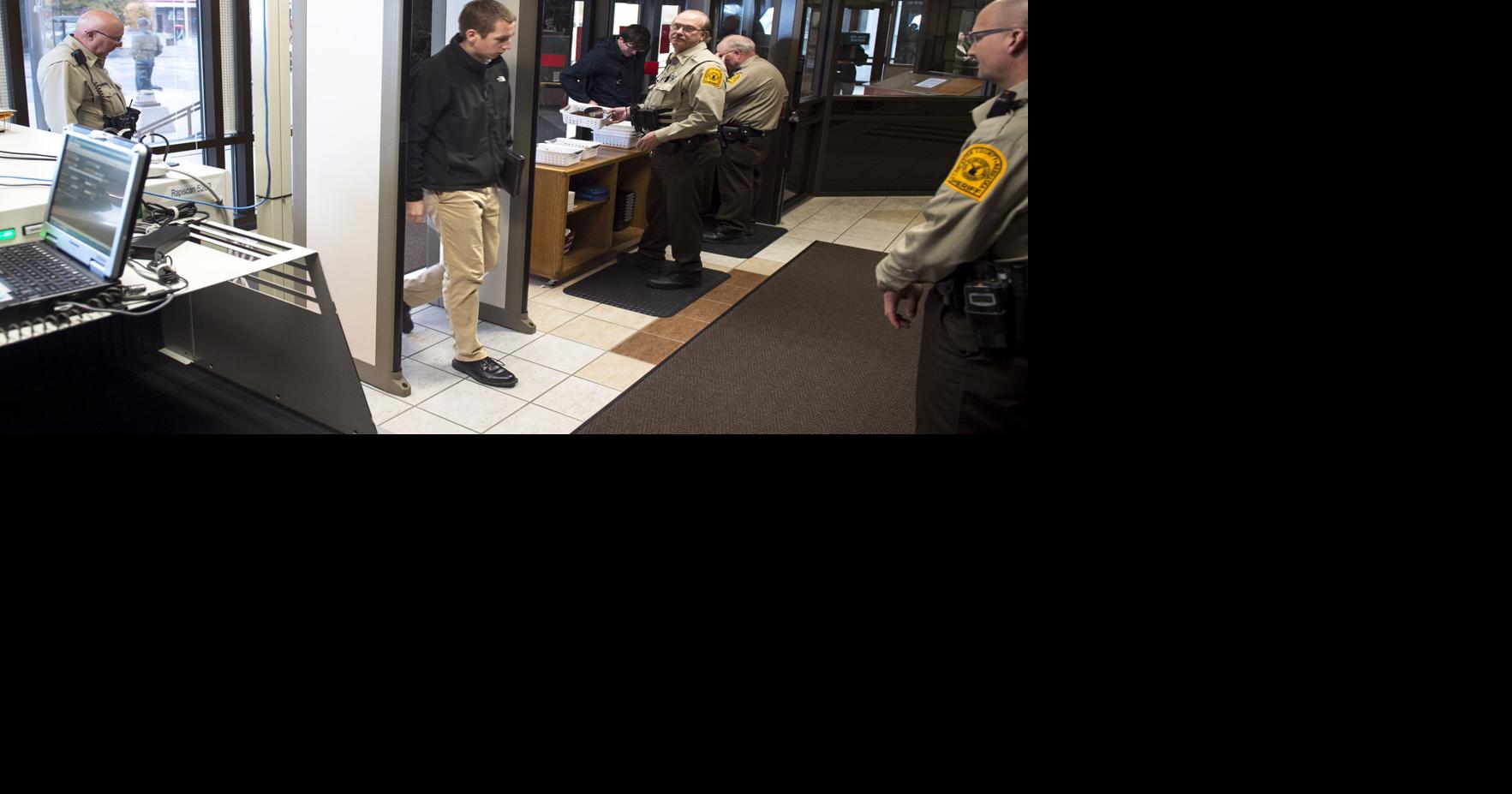 Security entrance at Hall of Justice, nearby buildings seen as ...