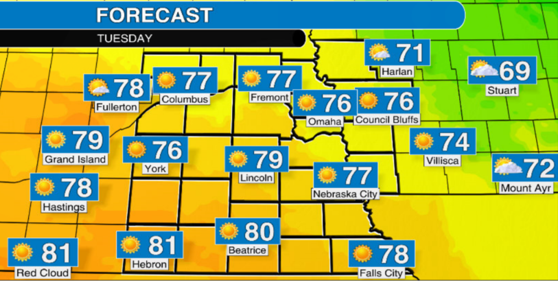 Pleasant Tuesday in southeast Nebraska; cold front arrives tonight