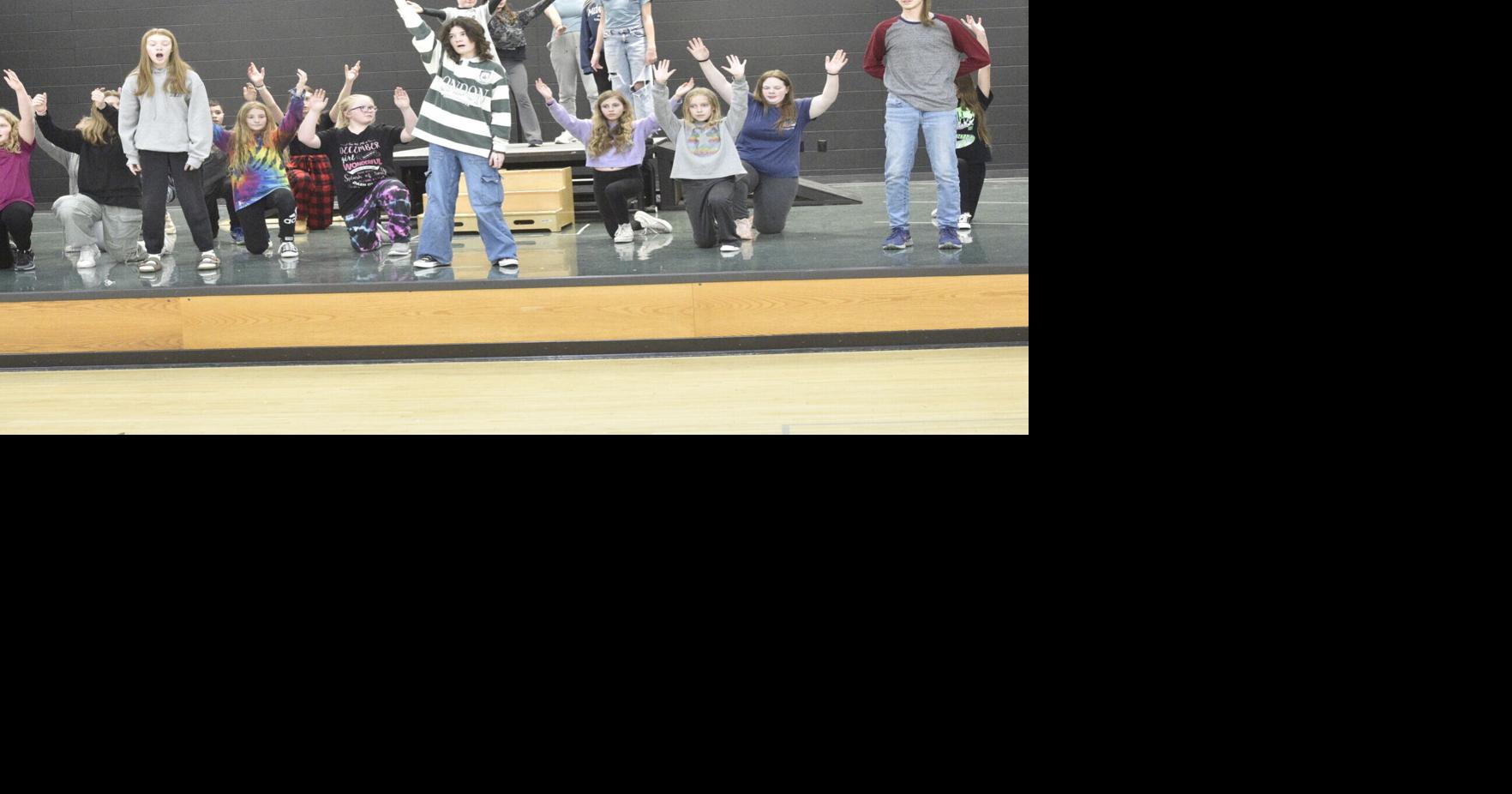 Five photos of Union Grove Elementary rehearsing "Wizard of Oz"