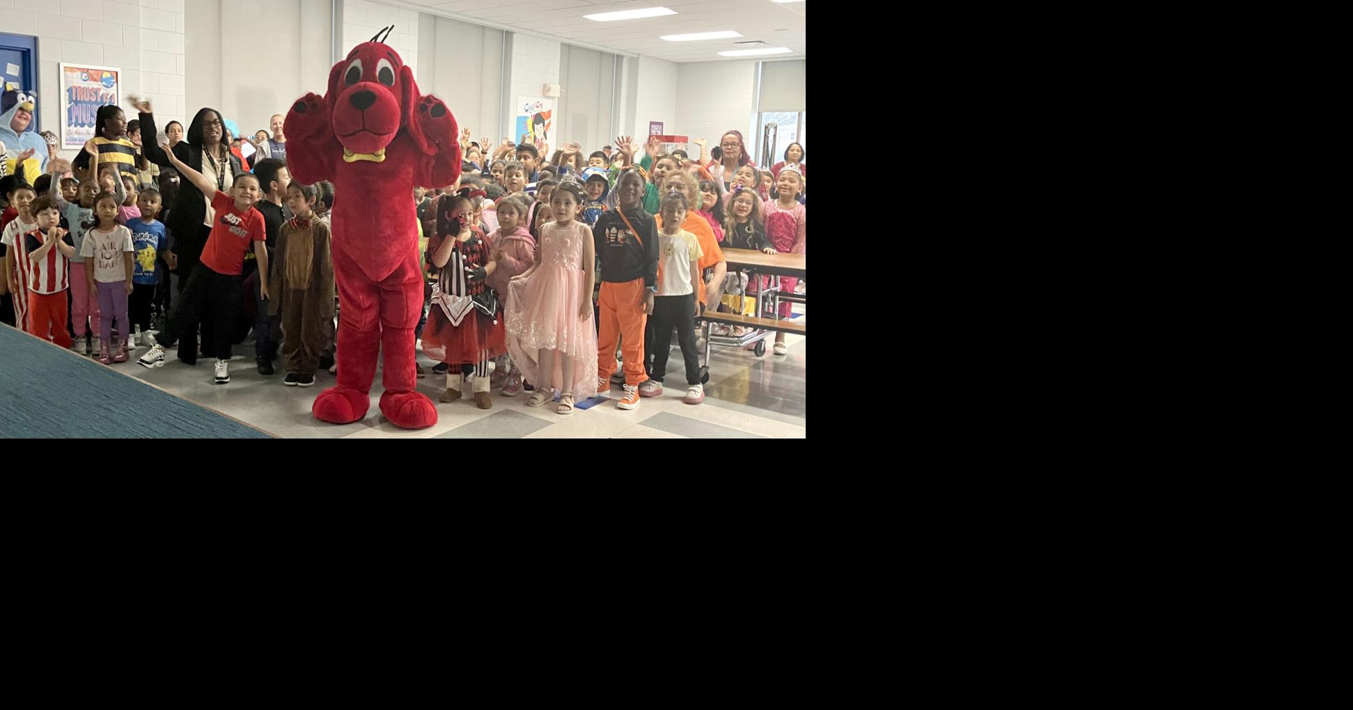 Six photos of Clifford the Big Red Dog at Mitchell School