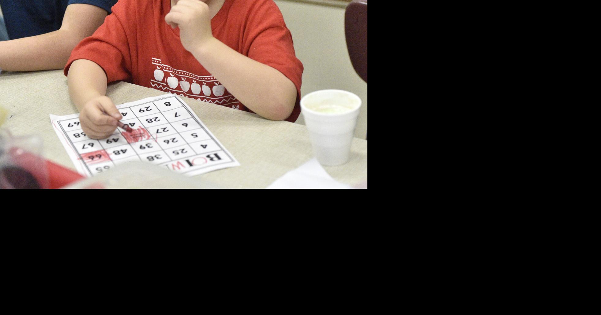 Six photos of bingo at Red Apple Elementary