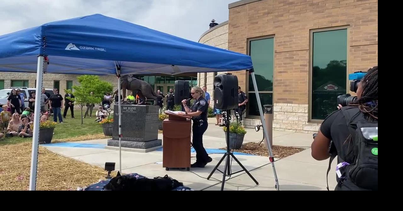Holly McManus makes closing remarks at K9 Bane statue dedication