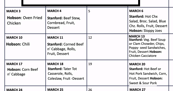 Stanford and Hobson Senior Menus | News | judithbasinpress.net