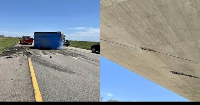 Truck with oversized load hits bridge in Hays, overturns and blocks ...