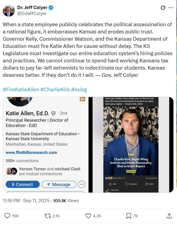 Former Kansas employee sues state after ousted for Charlie Kirk comment ...