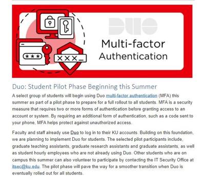 KU to implement Duo multi-factor login authentication for all students | News | kansan.com