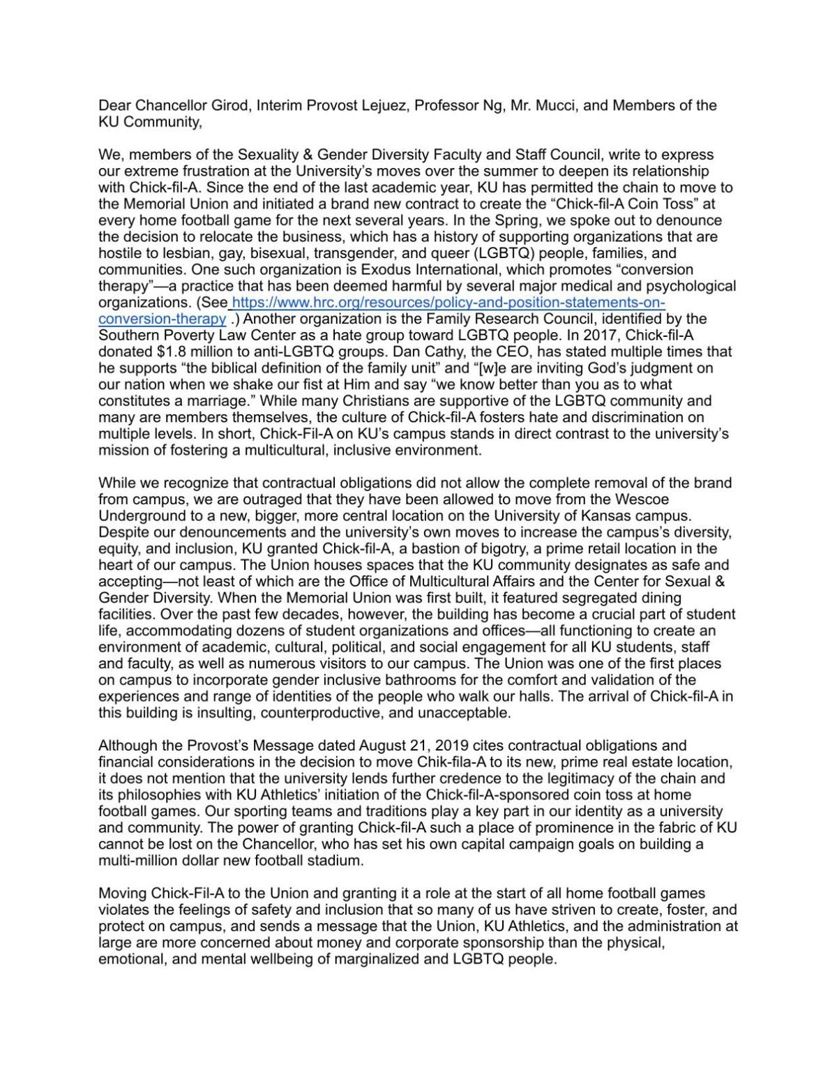 Chick Fil A Backlash Faculty Staff Council Denounces Kus Relationship