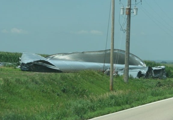 Grain bin crushed, roofs peeled off, power lines downed by Sat. winds