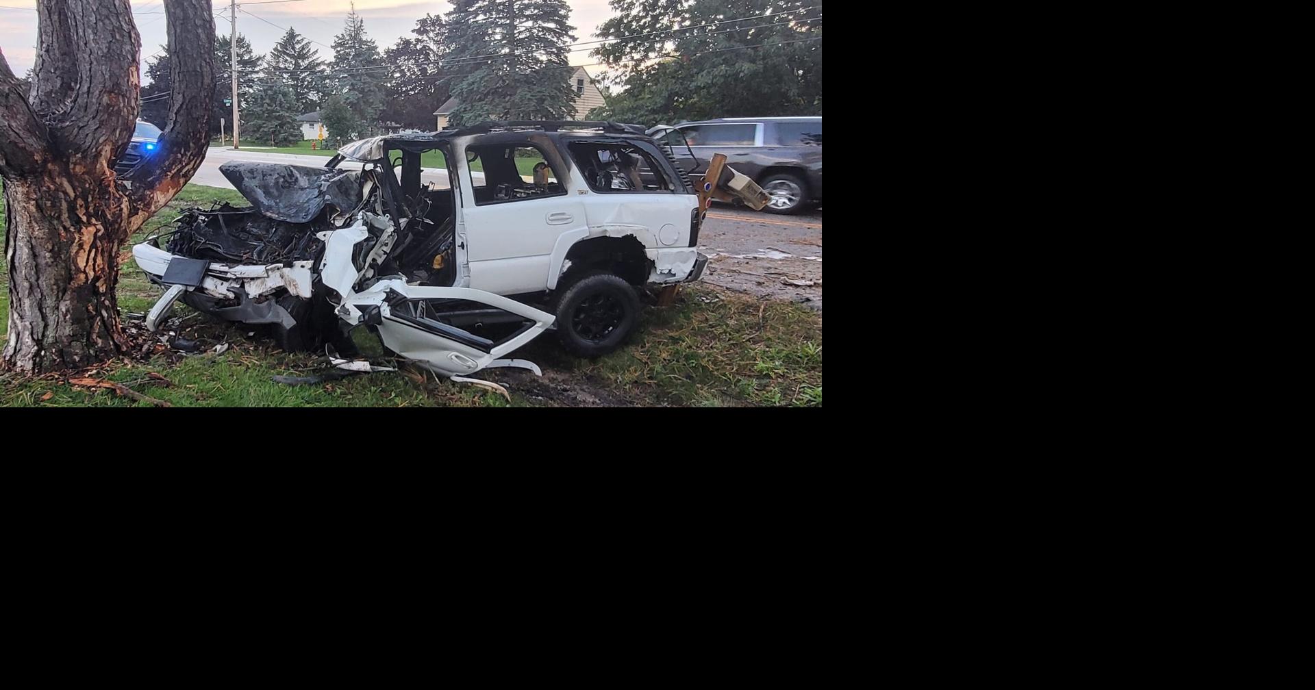 Trapped driver rescued after car strikes tree, catches fire