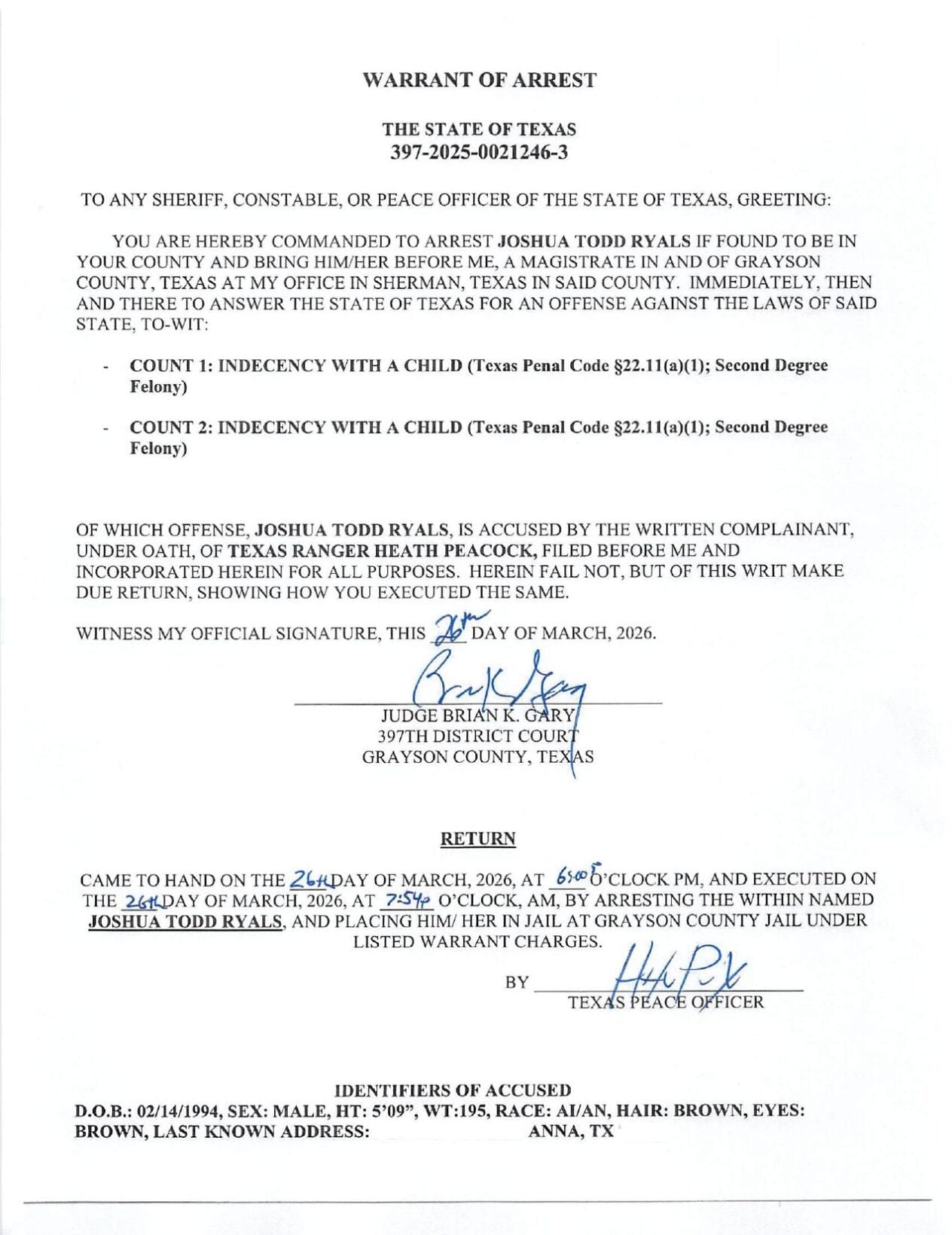 Joshua Ryals: Arrest warrant, complaint, affidavit | Texas Headline ...