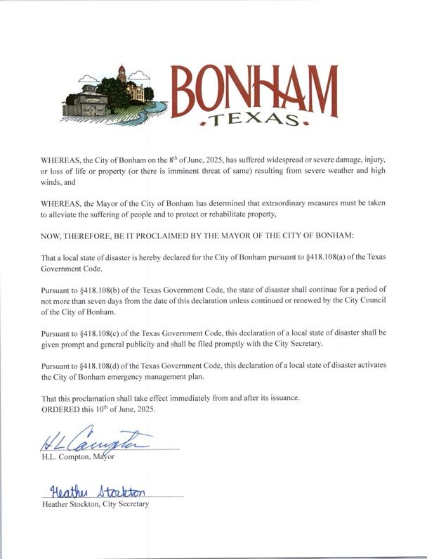 City of Bonham declares state of disaster | Weather News | kten.com
