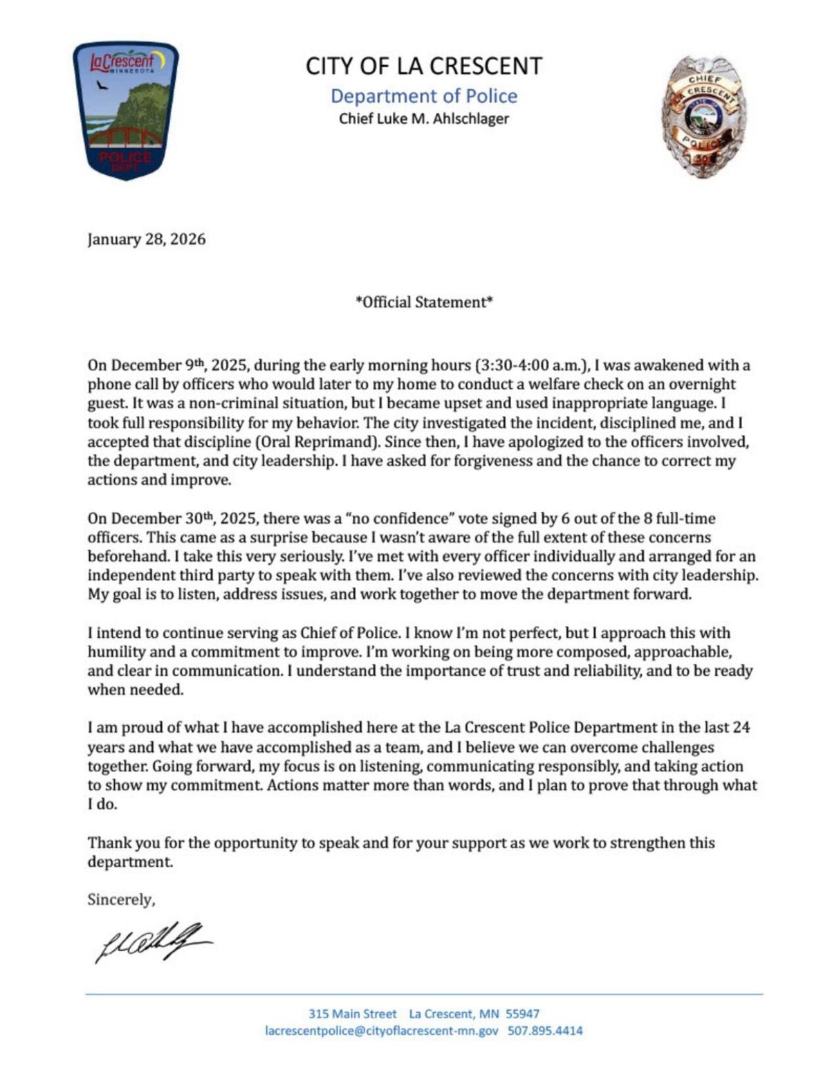 Police chief in La Crescent reprimanded for drunken behavior
