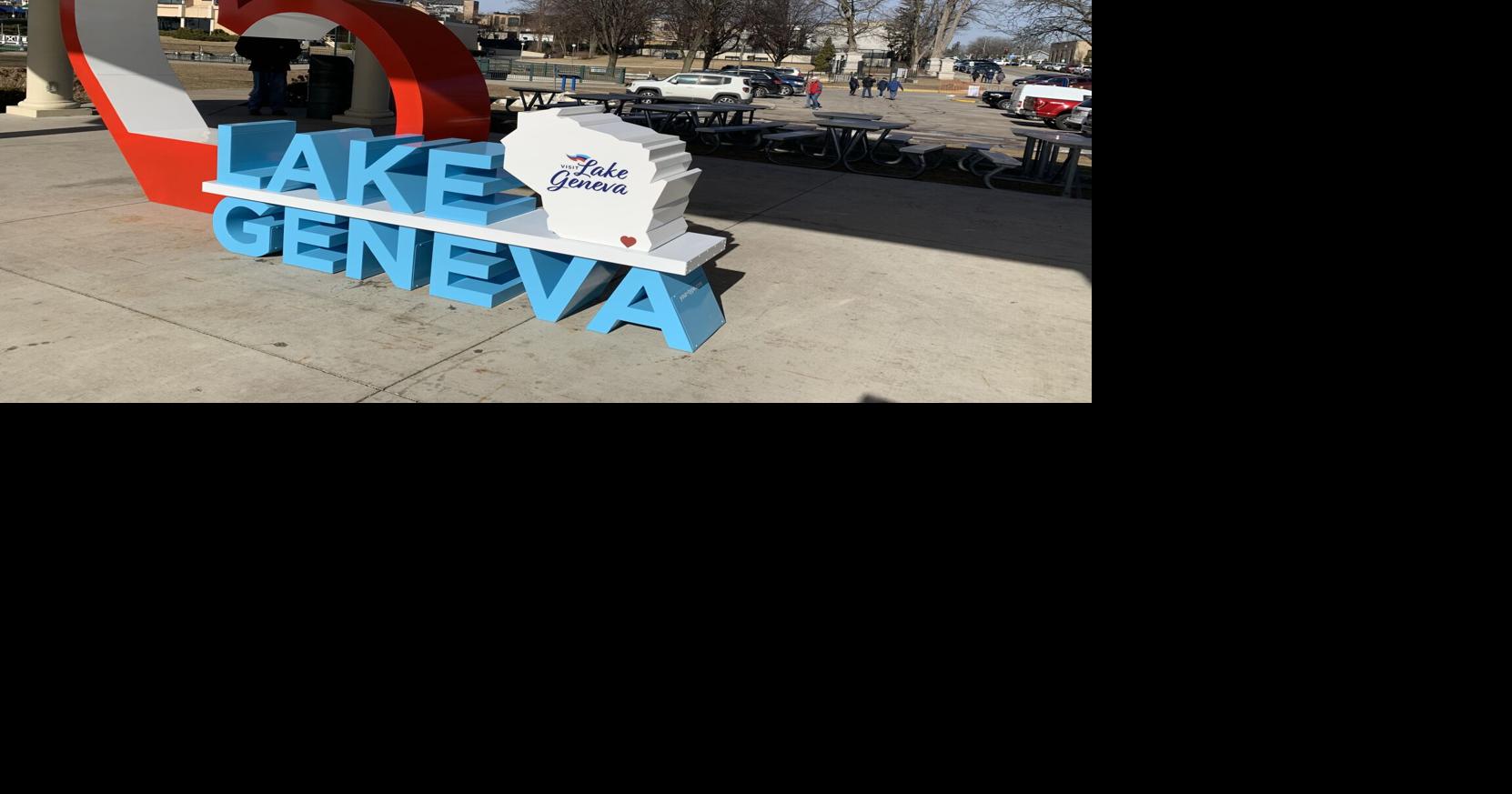 A Lake Geneva sign is placed in the Brunk Pavilion at Flat Iron Park to ...
