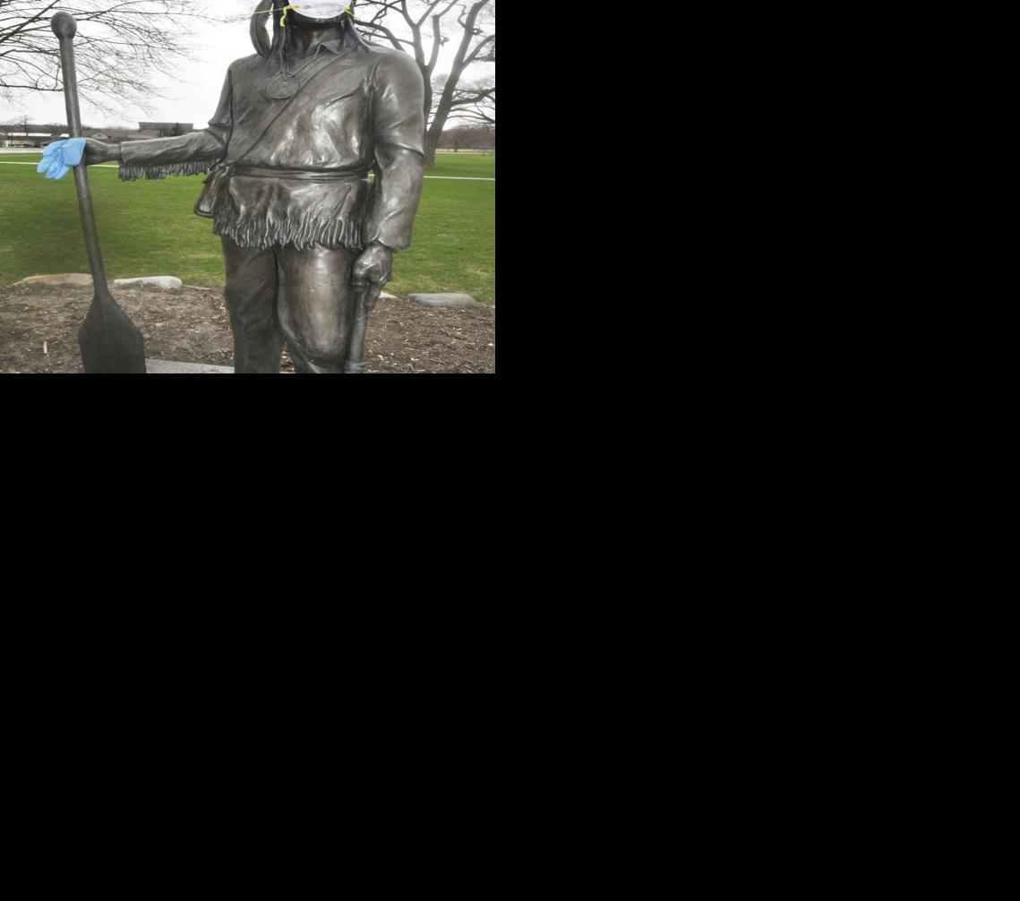 Chief Big Foot statue in Fontana with hospital mask