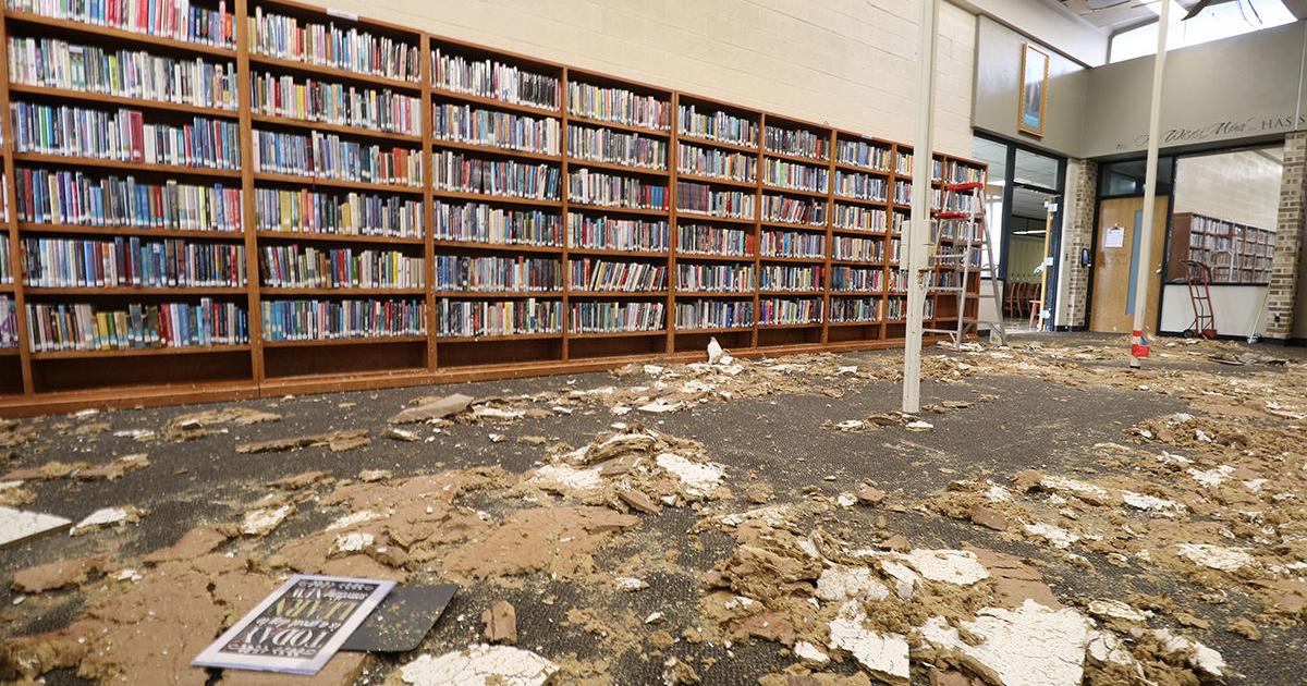 Extensive water damage to Cozad High School library after roof was ...