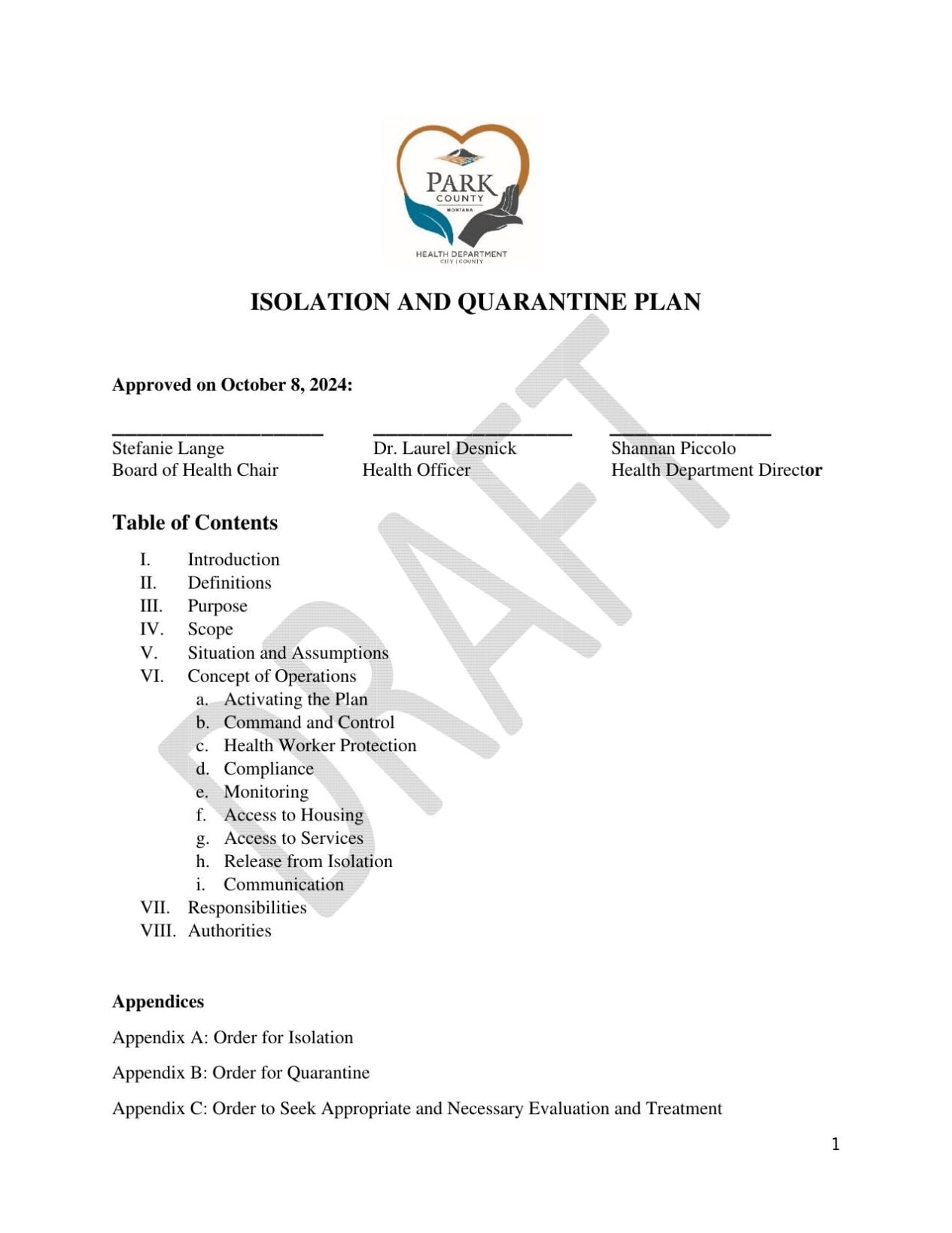 Park County Draft Isolation and Quarantine Plan ...