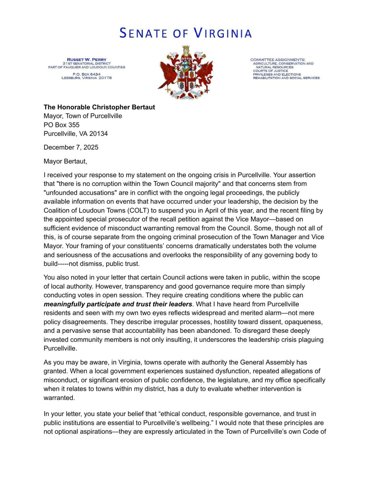 Dec. 7 Response Letter from Sen. Russet Perry | | loudounnow.com