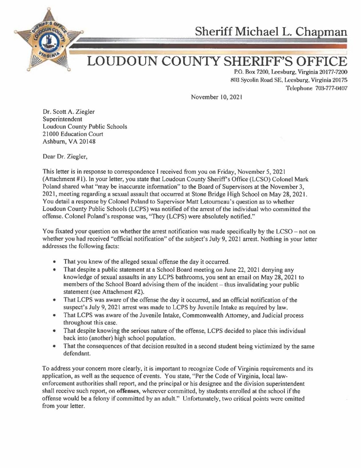 LCSO Response to LCPS Superintendent Ziegler Nov 2021 | | loudounnow.com