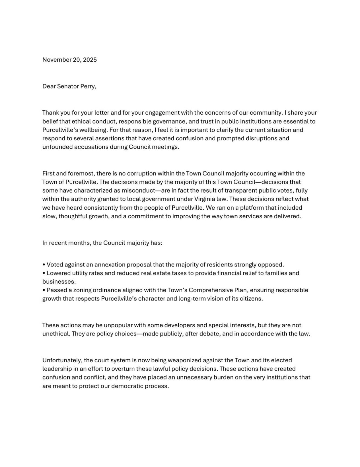 Mayor Christopher Bertaut Letter to Sen. Russet Perry | | loudounnow.com