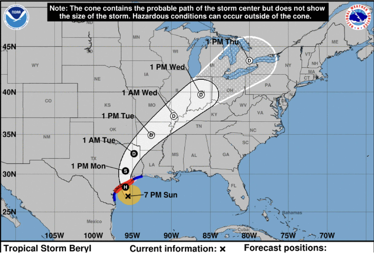 Tropical Storm Beryl is on a path to hit the Texas coast as a hurricane ...