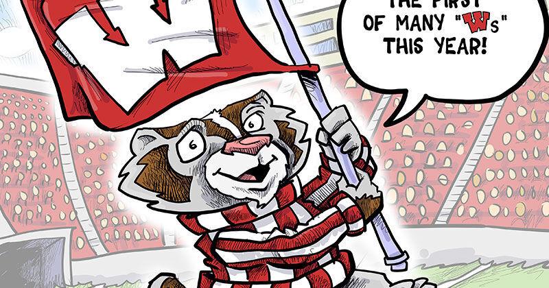 Hands on Wisconsin: Bucky's flag is the first of many Ws this year.