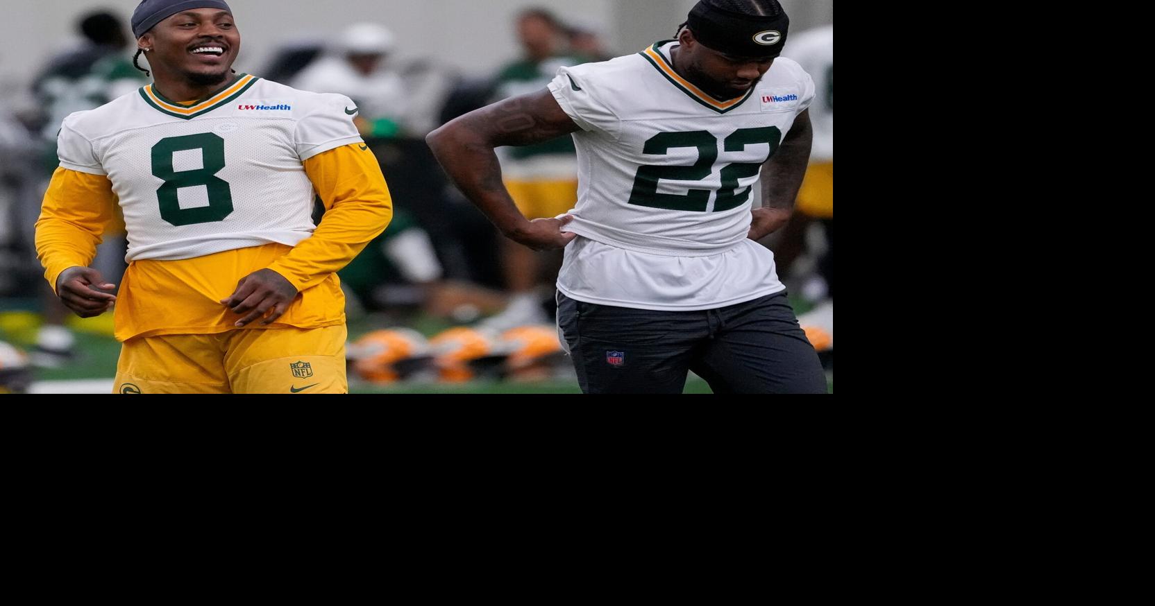 Green Bay Packers running back Josh Jacobs (8) laughs during practice ...