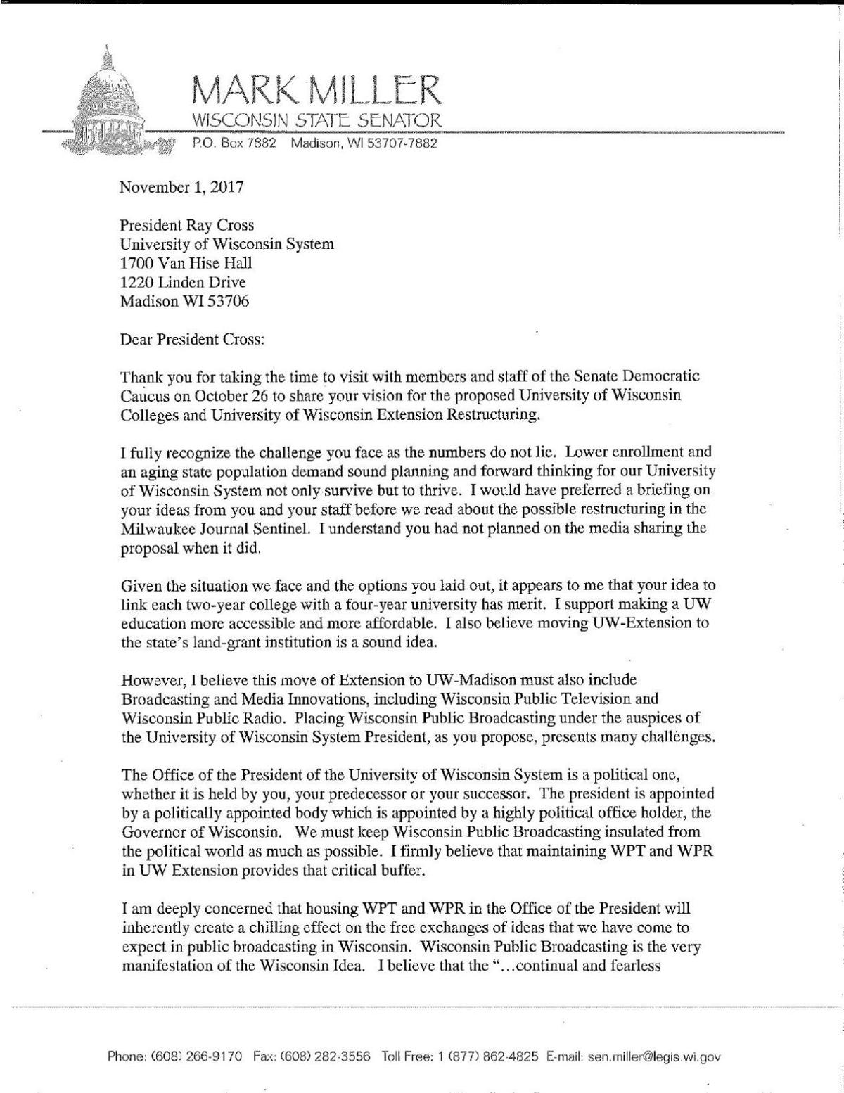 Sen. Miller letter re: WPR, WPT in UW reorganization