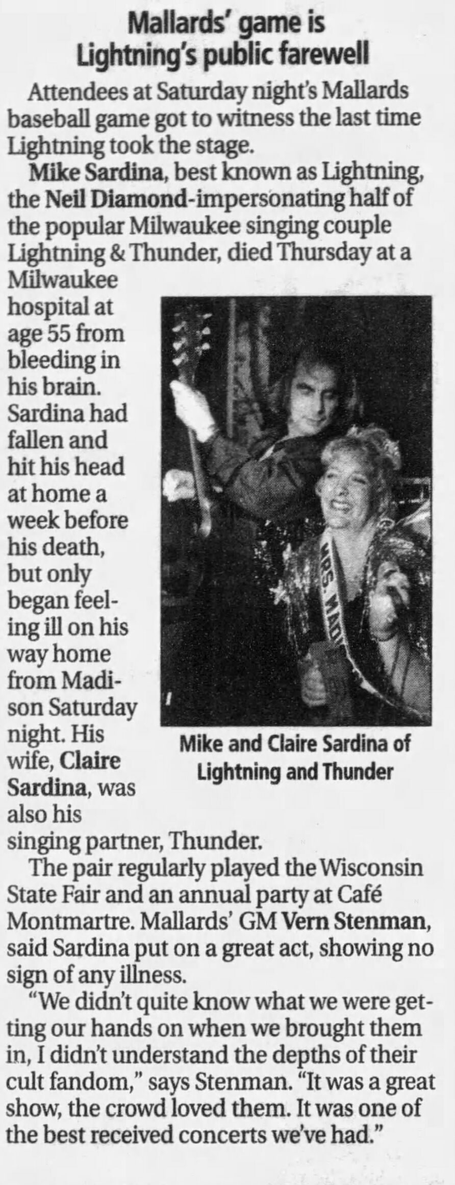 Singer featured in 'Song Sung Blue' played his last concert in Madison