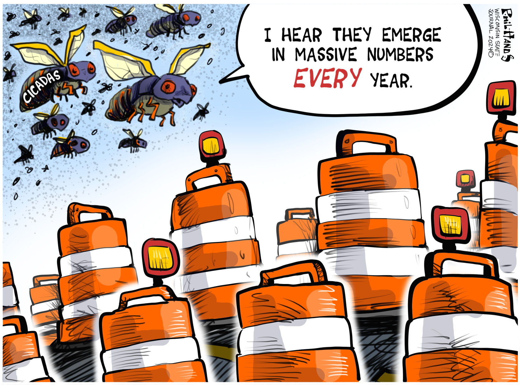 Orange construction barrels emerge like cicadas