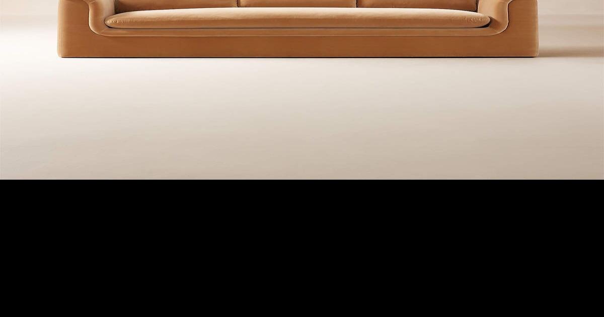 Splurge on Quiet Luxury: CB2 Mardones Camel Brown Velvet Sofa