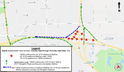Westbound Highway 12/18 closed at I-39/90 overnight 3 nights this week