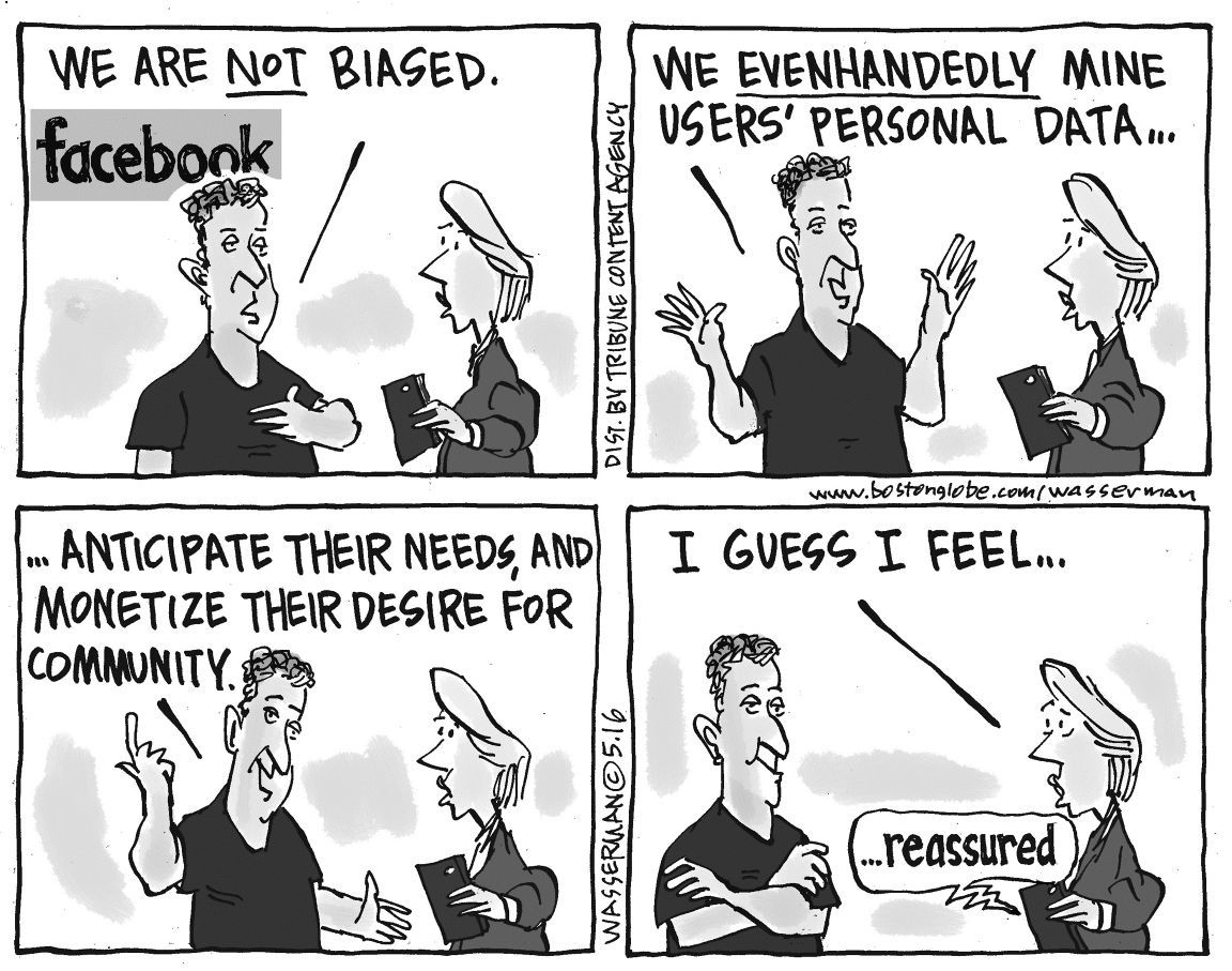 Facebook reassures the public in Dan Wasserman's latest cartoon
