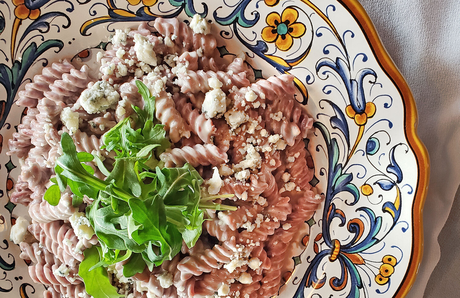Beet Fusilli with Gorgonzola Cream & Arugula