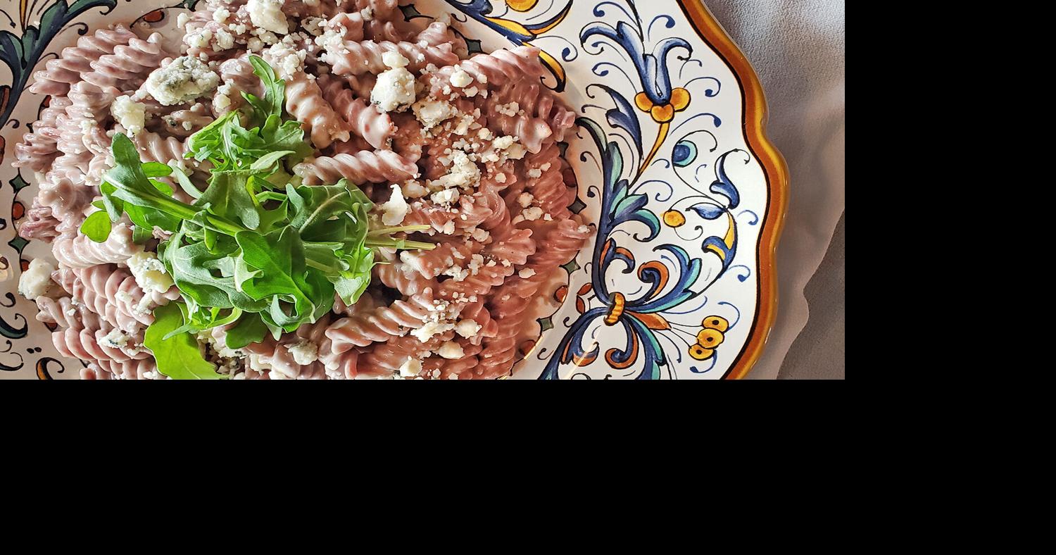 Beet Fusilli with Gorgonzola Cream & Arugula