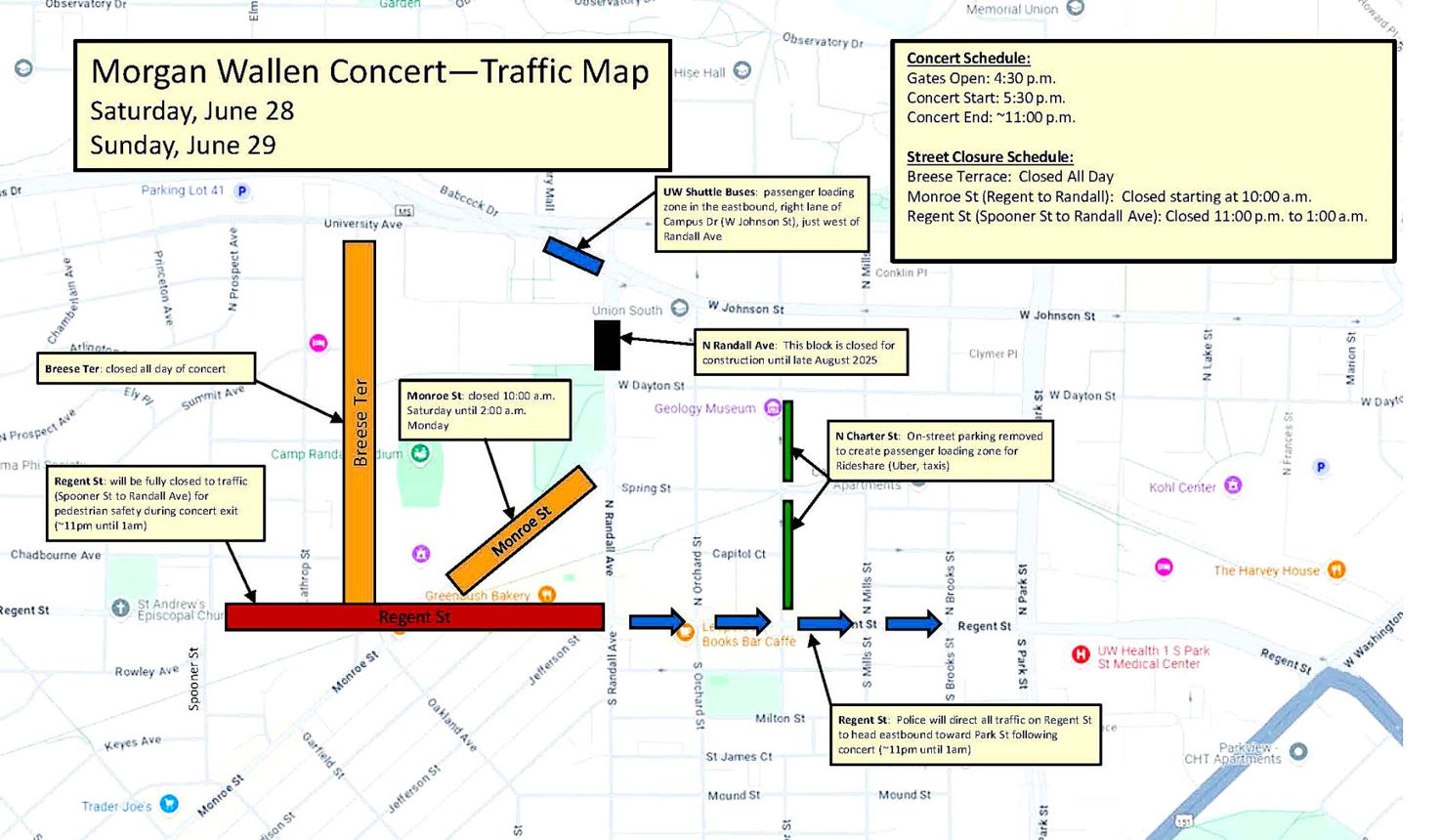 Street closures for the Morgan Wallen concert in Madison