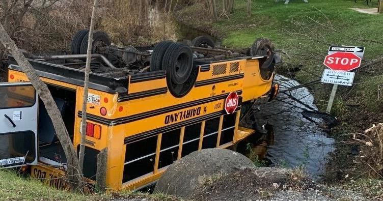 School bus ends up on roof in Racine County pond after crash