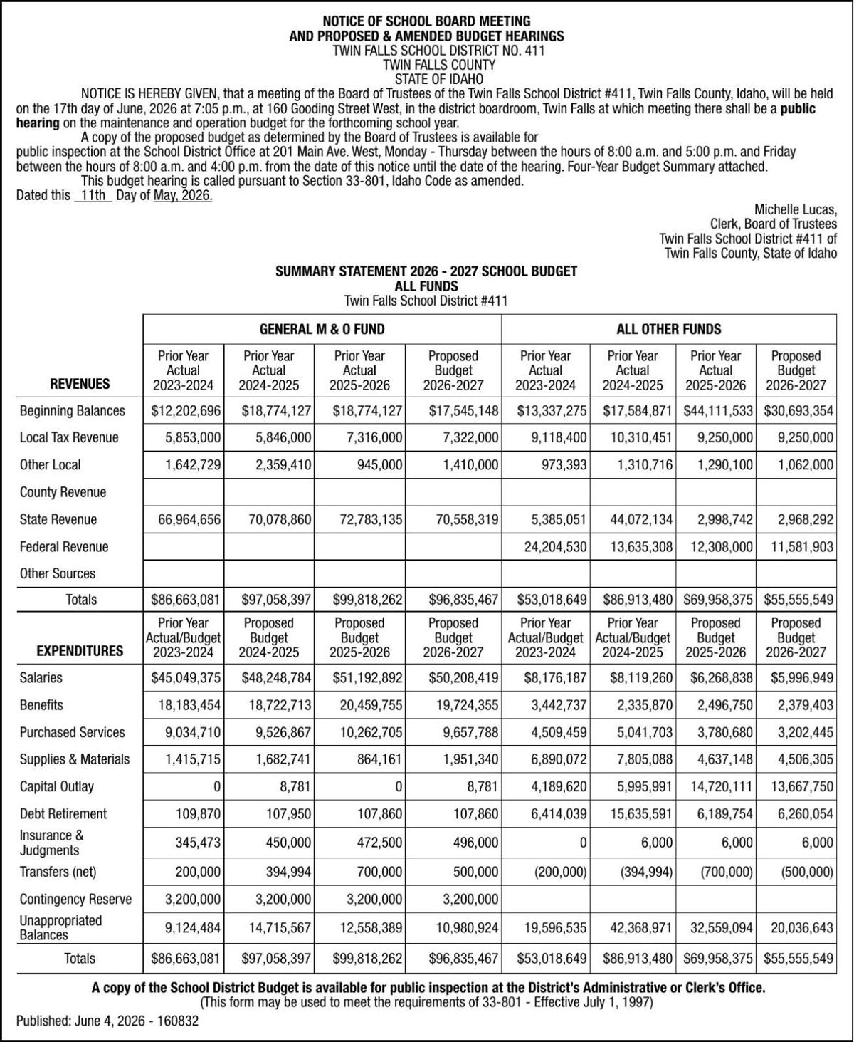 TWIN FALLS SCHOOL DISTRICT NO. 411 - Ad from 2026-06-04