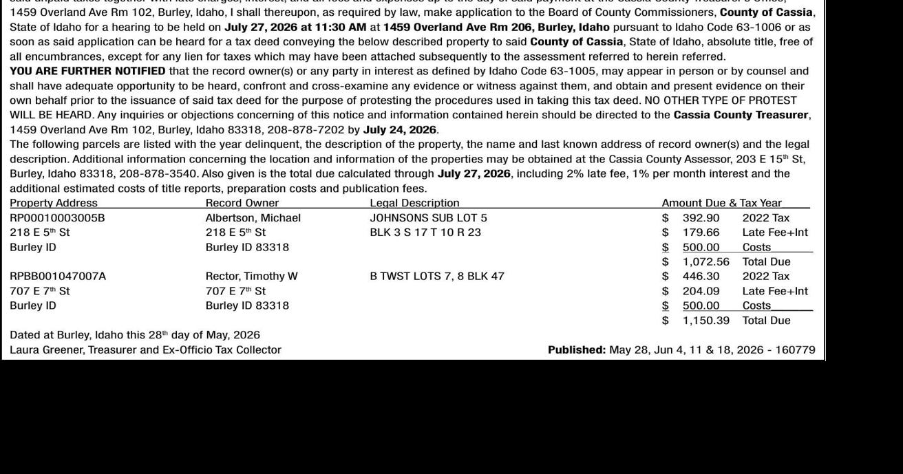 Cassia County Treasurer/Tax Collector - Ad from 2026-05-28