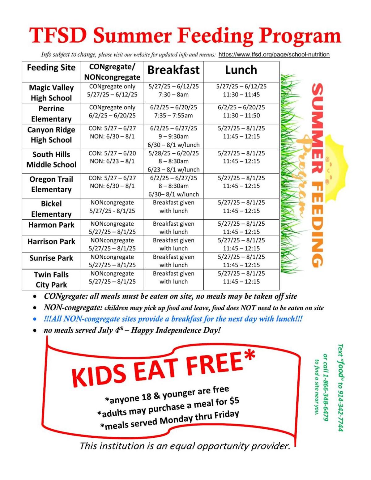 Twin Falls School District summer meal program schedule