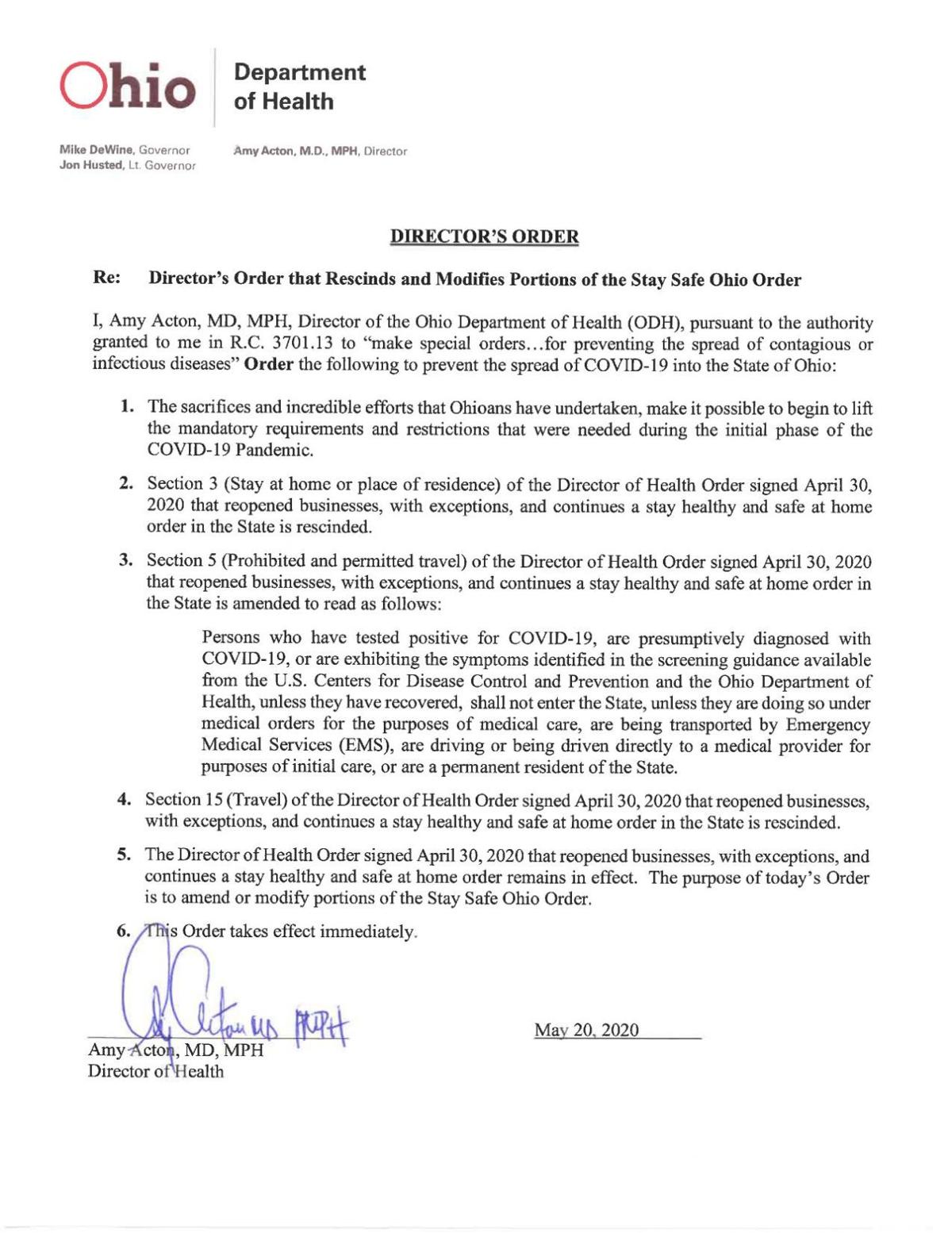 Order that Rescinds and Maintains Portions of the Stay Safe Ohio Order ...