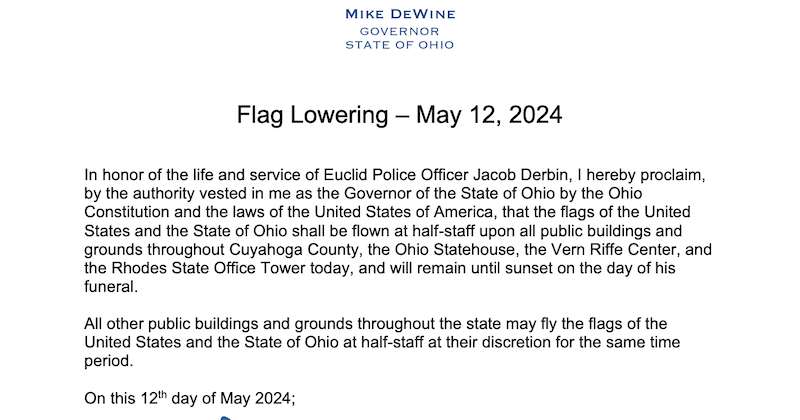 Ohio Governor DeWine Orders Flags Lowered in Honor of Euclid Police ...