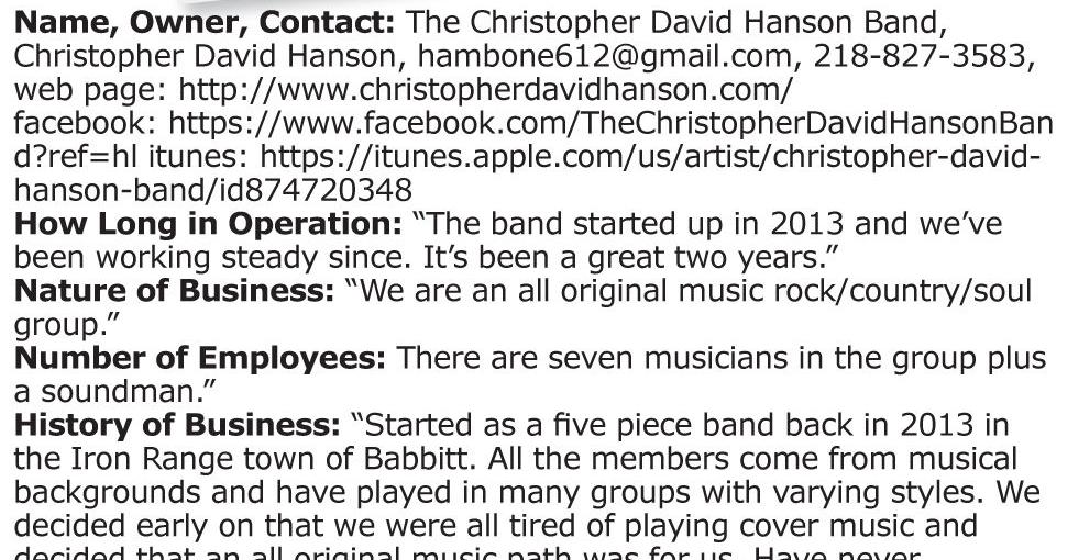 The Christopher David Hanson Band | Business | mesabitribune.com