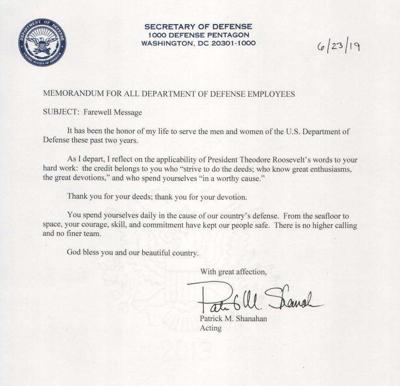 Farewell message from office of acting SECDEF Shanahan | News ...